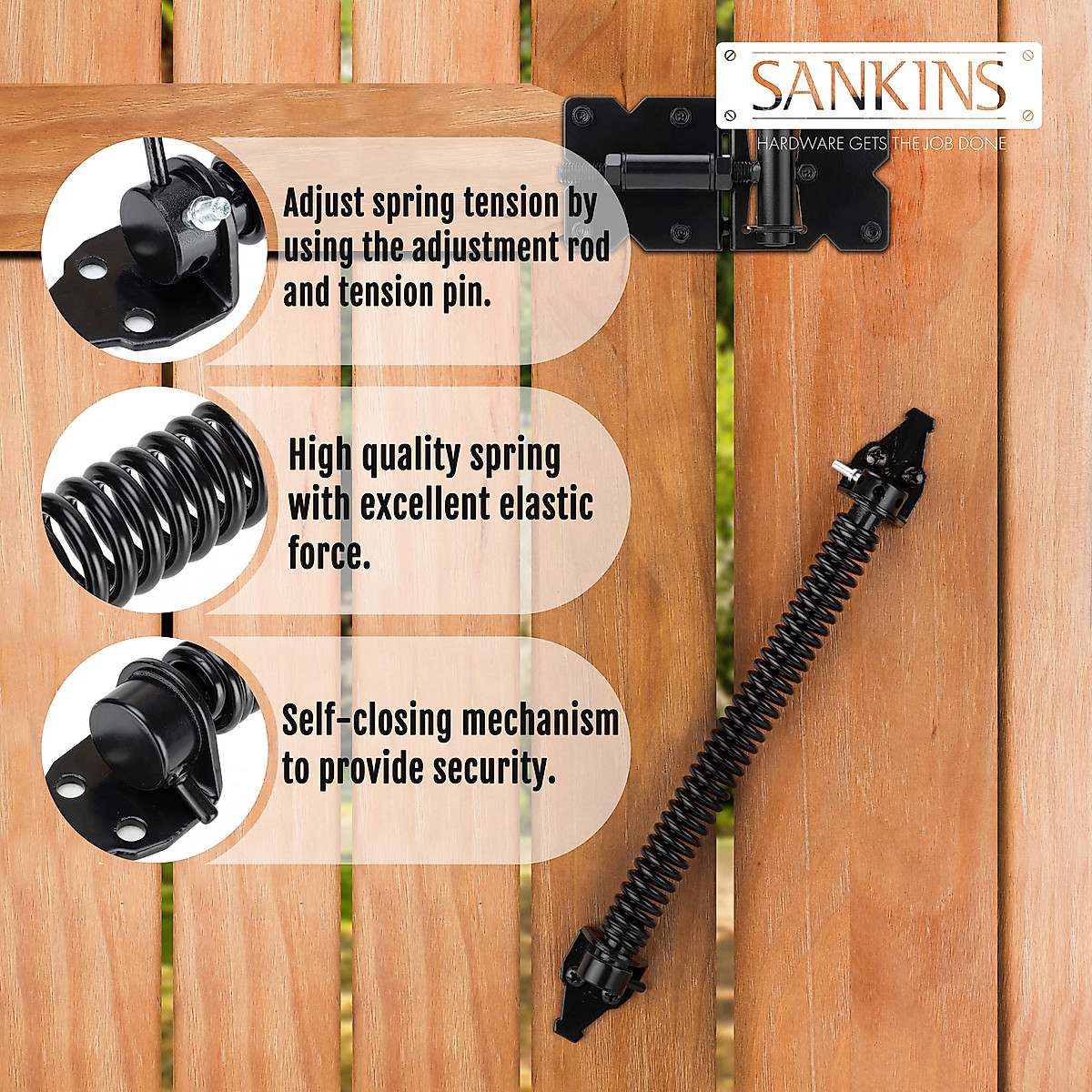 SANKINS 14" Gate Spring Self Closing Heavy Duty Outdoor Door Spring Automatic Metal Gate Closure Hardware with Adjustable Tool for Wooden and Vinyl Fence, Black, 2 Pcs