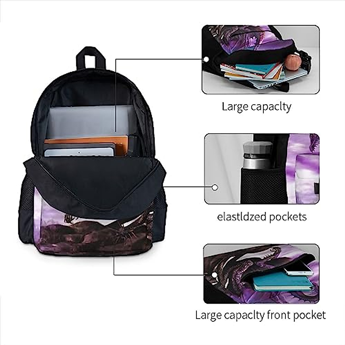 JASMODER Dragon Fantasy Purple Laptop Backpack Hiking Travel Daypack For Men Women And Youth
