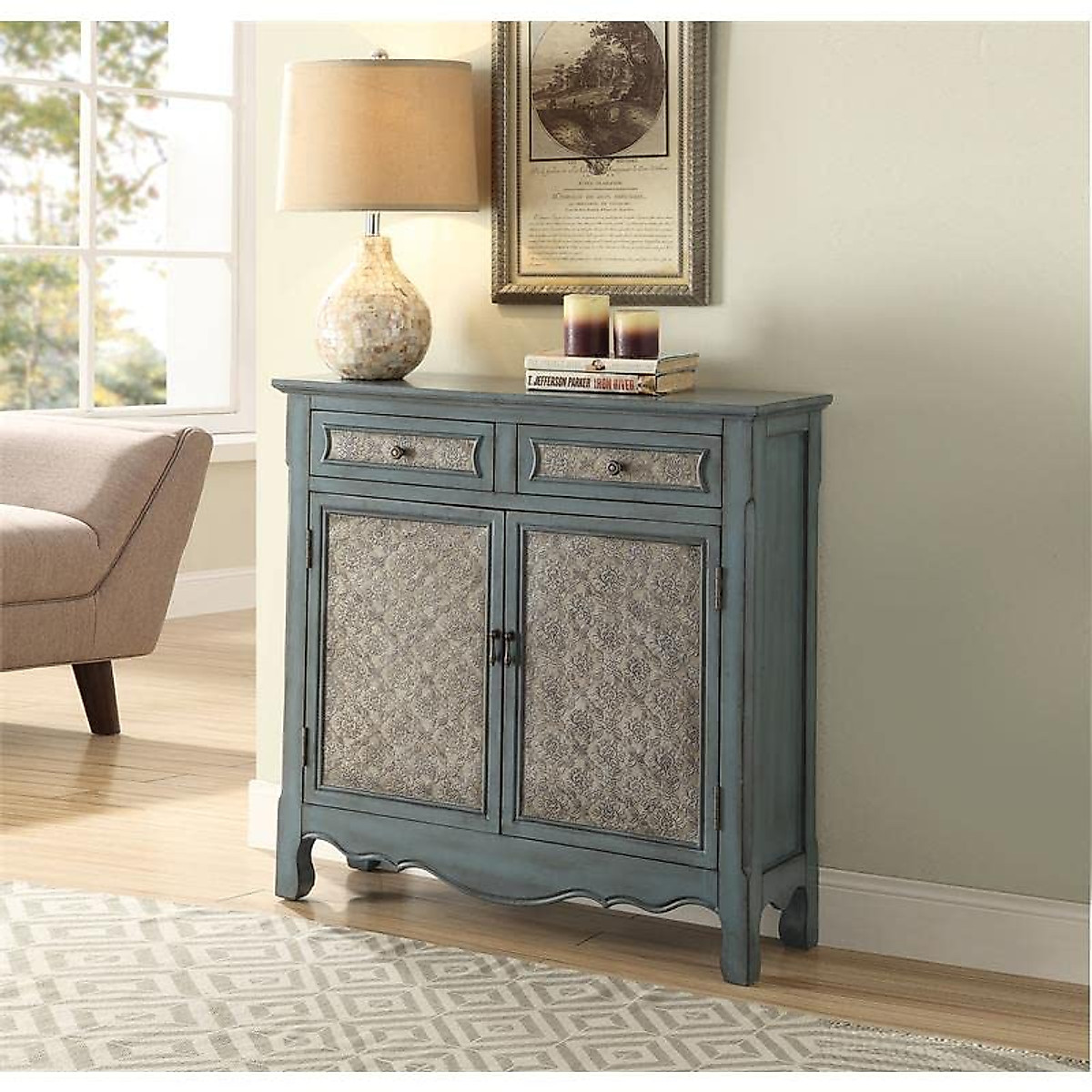 Acme Winchell 2 Drawers Wooden Console Table with 2 Doors in Antique Blue