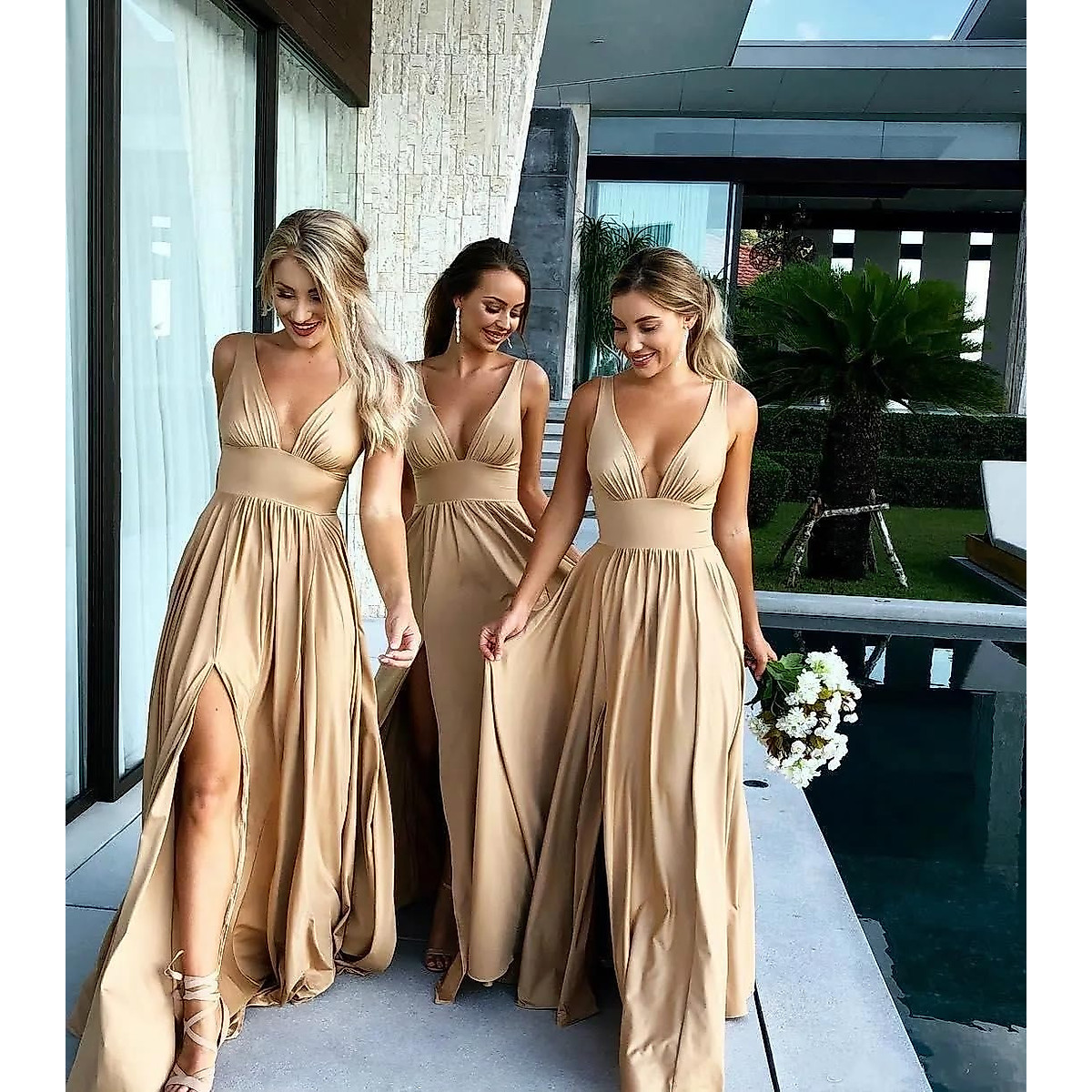 Yoreuoia Custom Women 's Bridesmaid Dresses Plus Size with Pocket Double V Neck Chiffon Maid of Honor Dress for Wedding Guest Rust US20W