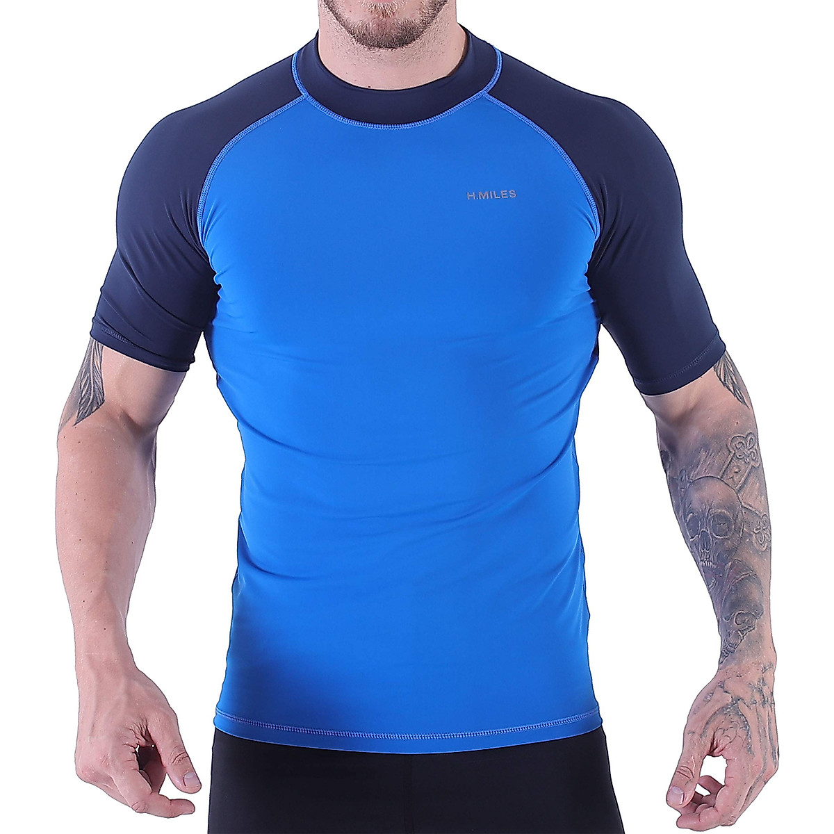 V VICROAD Mens Short Sleeve Rash Guard Swim Shirt Athletic Surfing Tee Sky/Navy-2XL