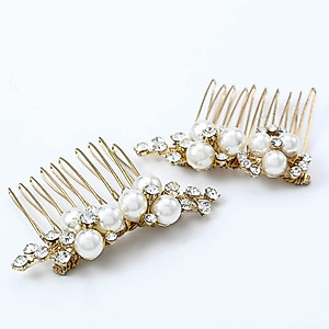 Asooll Gold Wedding Pearl Hair Comb Bride Crystal Headpiece Bridal Rhinestone Hair Clip Hair Accessories for Women and Girls (Set of 2) (A-Gold)