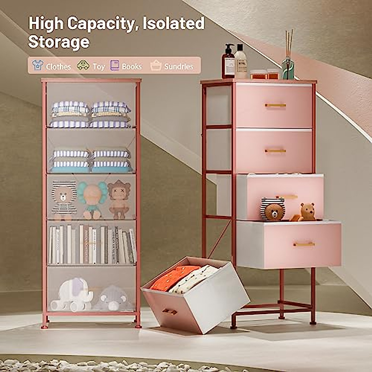 YILQQPER Dresser for Bedroom with 5 Drawers, Tall Storage Tower for Closet, Living Room, Nursery, Pink Dresser for Girl with Sturdy Steel Frame, Fabric Bins, Leather Finish, Wood Top, Pink