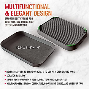 Mueller Reversible Serving Tray, European Made Platter, 2in1, Rectangular Non-Slip Tray, Shatter-Proof, Non-Toxic, for Coffee Table, Kitchen, Outdoors, Dishwasher Safe, Gray