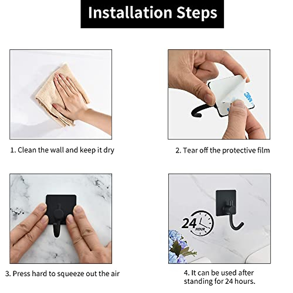 Adhesive Wall Hooks, Matte Black Stainless Steel Coat Hook, Heavy Duty Waterproof Towel Hooks for Hanging, Self-Adhesive Robe Shower Hooks, Bedroom Bathroom Kitchen Wall Mount Hooks - 8 Pack