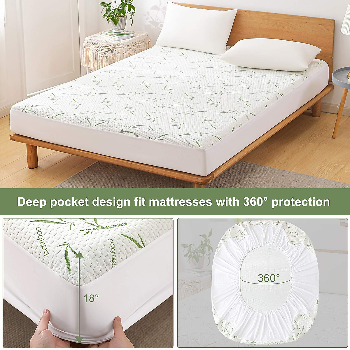 Full Waterproof Mattress Protector, Rayon Made from Bamboo Mattress Pad Cover, Soft Breathable Cooling Mattress Pad Cover, Mattress Protector up to 21” Deep Pocket Tightly Fitted Mattress Protection