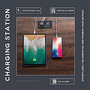 IFGET Farmhouse End Table with Charging Station, 20" Nightstand w/Groove Barn Door, Rustic Wood Bedside Table, Side Table with Storage w/Open & Adjustable Shelf for Bedroom, Living Room (Dark Grey)