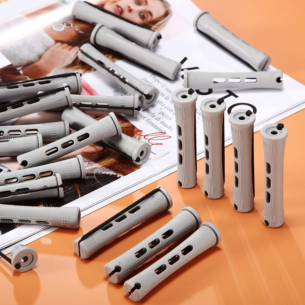 WILLBOND 60 Pcs Perm Rods Natural Long Short Hair Perm Rods with Elastic Rubber Band Non Slip Plastic Perming Cold Wave Kit for Women Hairdressing Styling Tool(0.59 Inch,Gray)