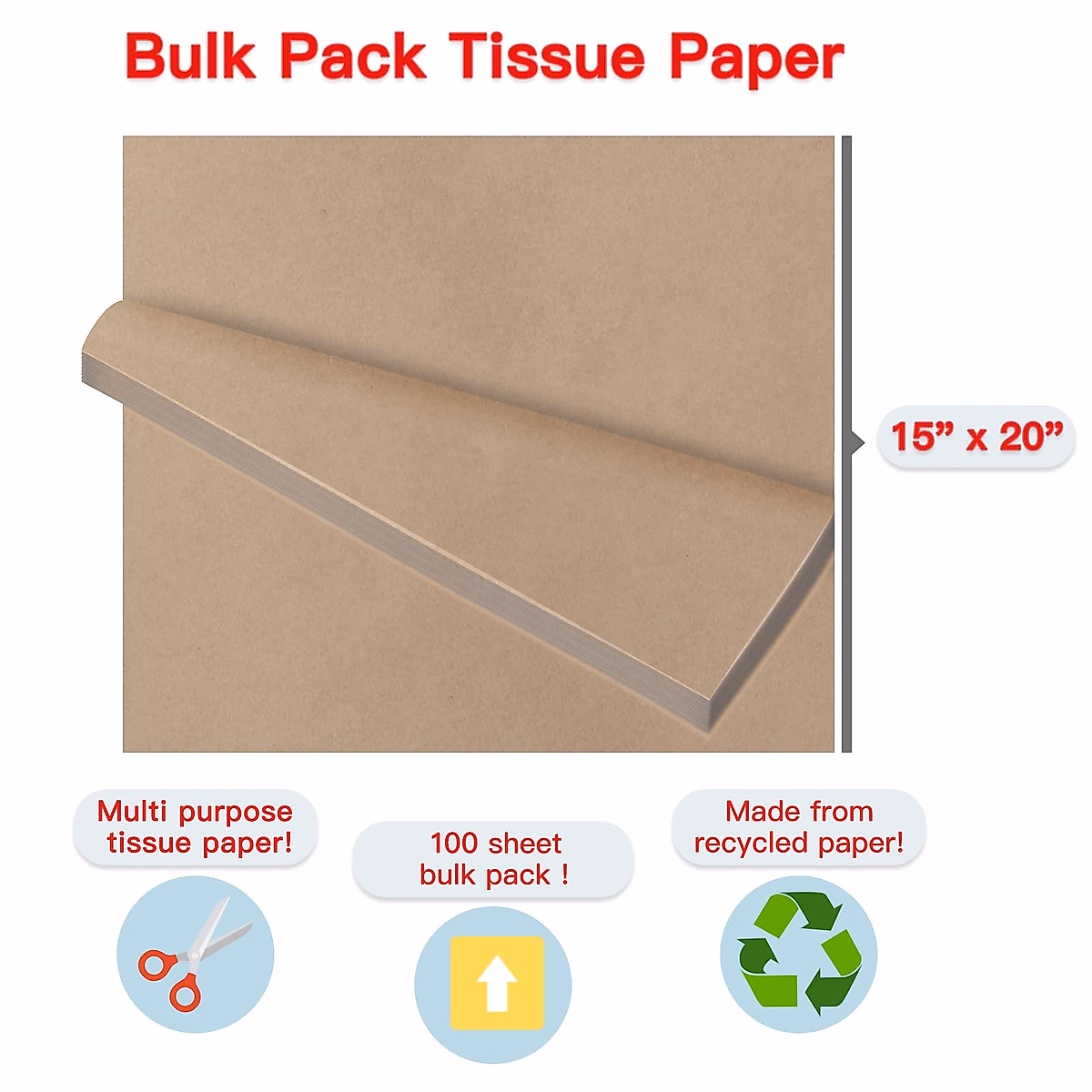 Packanewly Bulk Gift Wrapping Tissue Paper, 100 Sheets Kraftt Brown, 15 x 20 Inch Gift Wrap Paper for Art Craft Festival Birthday Party Floral Pompom