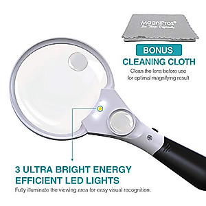 MagniPros 3 Ultra Bright LED Lights 3X 4.5X 25X Power Handheld Reading Magnifying Glass with Light- Ideal for Reading Small Prints, Map, Coins, Inspection and Jewelry Loupe…