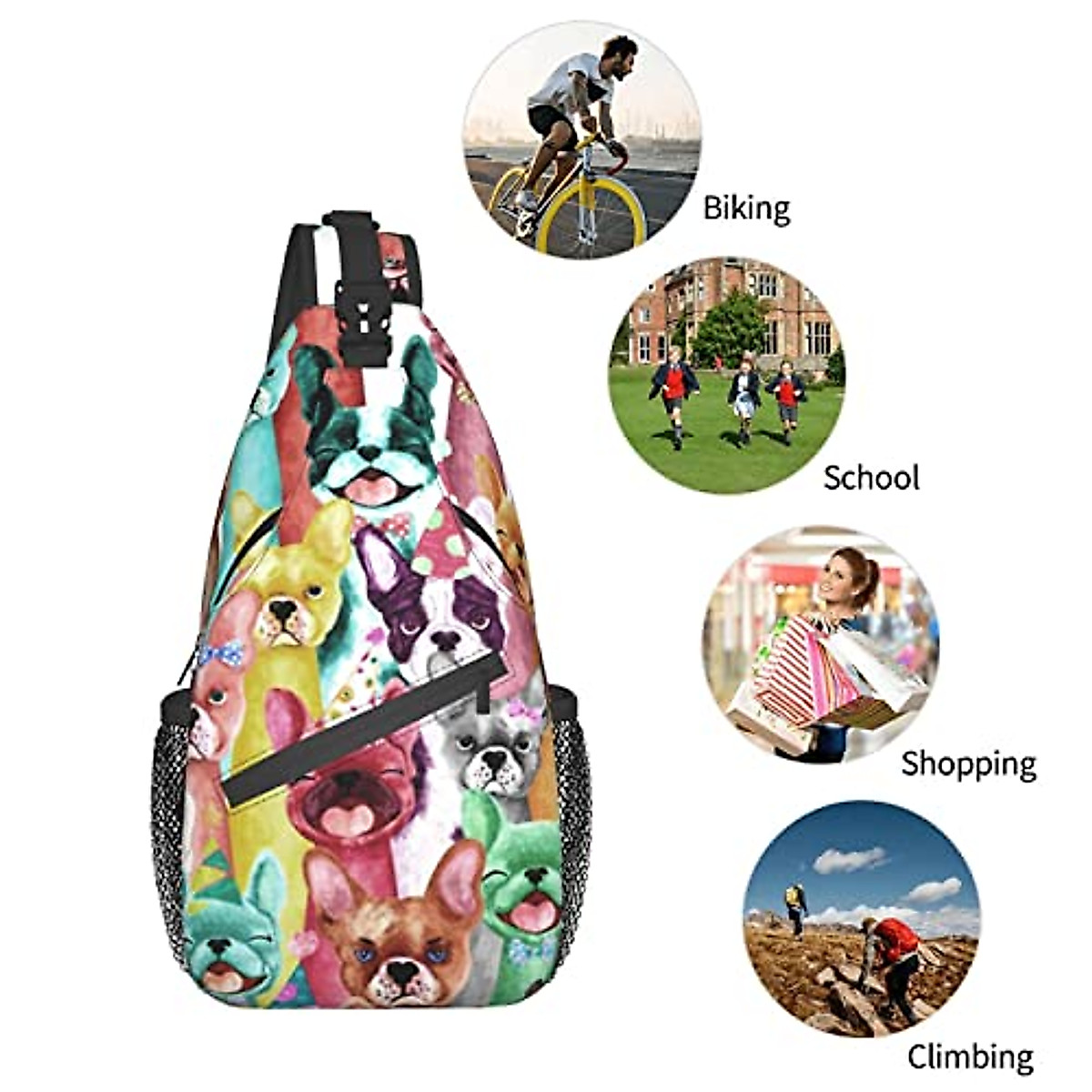 Cute Frenchie Bulldog Dogs Cartoon Puppy Lovers Colorful Rainbow Tie Dye Sling Bag Folding Chest Shoulder Backpack Crossbody Bags For Men Woman Travel Gym School ipad Camera Print Dog Backpacks Gifts