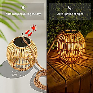 Livinlarge Hanging Solar Lantern Outdoor Waterproof, Large Solar Rattan Lantern Outdoor with Twine Handle, Bright Solar Outdoor Lights with Edison Bulb for Garden Patio Yard Decoration