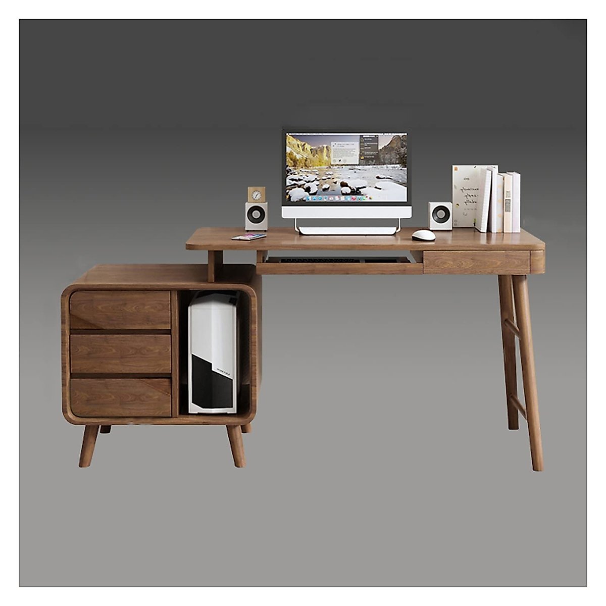 TOMYEUS Study Computer Desk Stable Wooden Desktop PC Desk with Lockers, Drawers and Keyboard Tray Modern Home Working Study Table Scalable Study Room Workstation Home Office Writing Desk