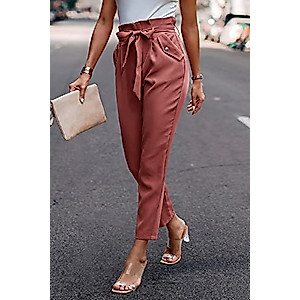 PRETTYGARDEN Women's Casual Long Pants High Waist Belted Paper Bag Work Pant Trousers with Pockets (Brick Red,Small)