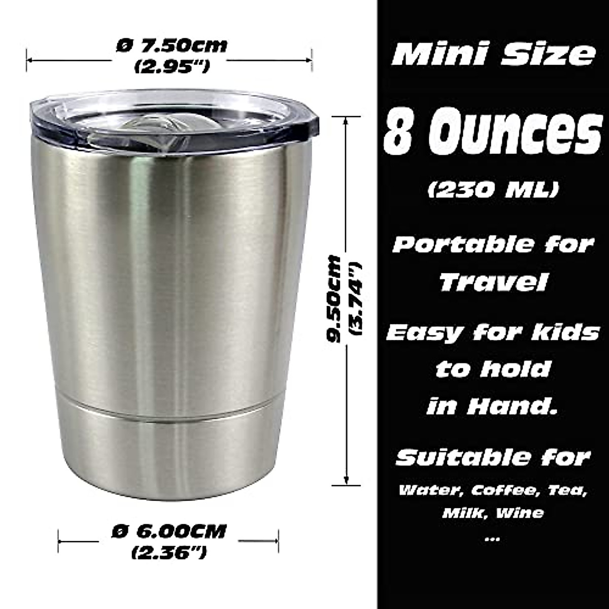 DUOLE 2pcs, Reusable Travel Mug for Kids (Boys/Girls) Adults (Men/Women) Silver Mini Thermal Cup for Boys Girls Men Women with Spill-Free Lid Coffee Cup for Hot & Cold Drinks 8oz/230ml