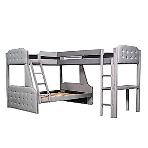 Demofit Bunk Bed and Twin Size Loft Bed and Desk, L-Shaped Twin Over Full Size Bed Frame with Ladder nd Full-Length Guardrail for Bedroom,No Boxspring Required (Grey)