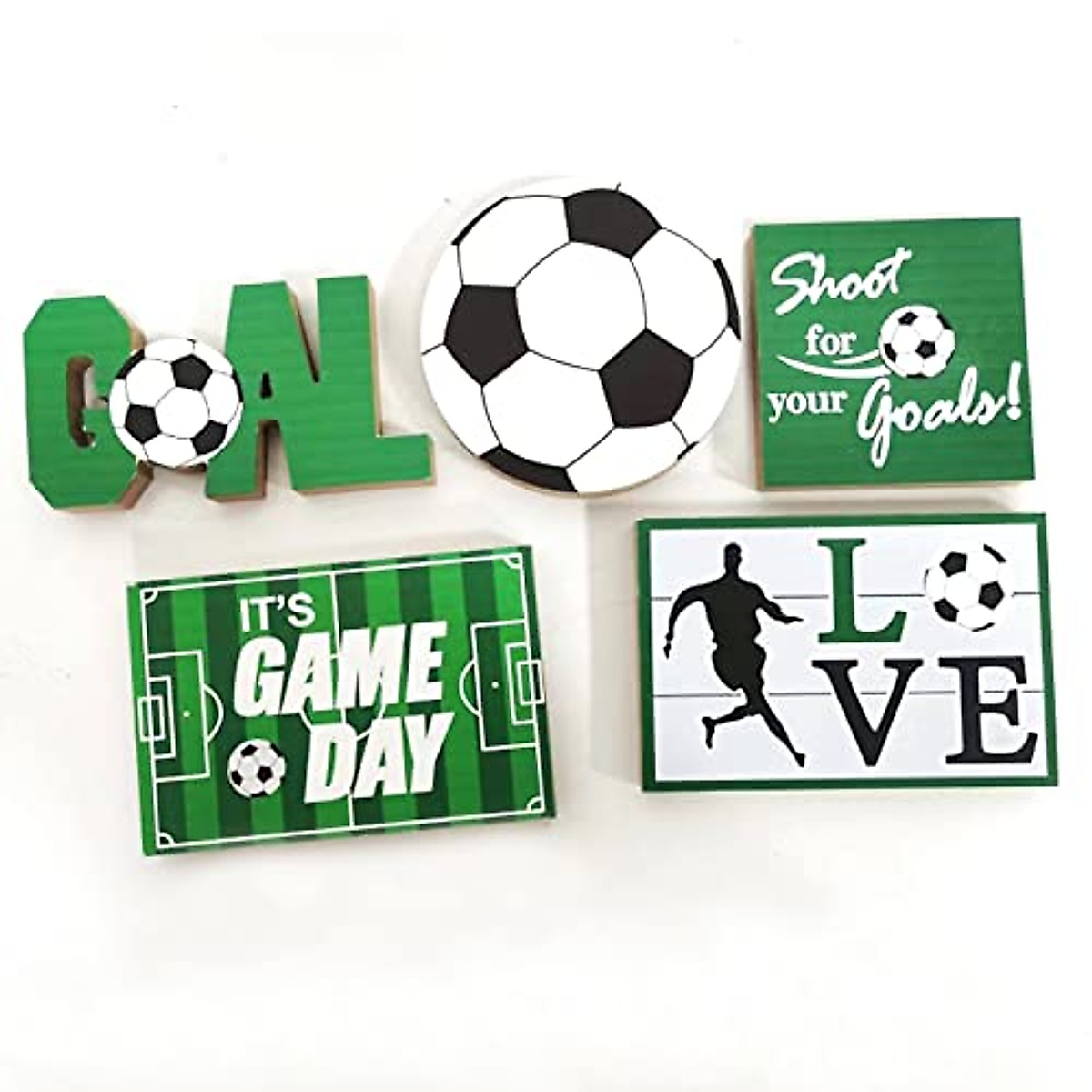 5 Pcs Soccer Decorations Farmhouse Soccer Tiered Tray Decor Soccer Party Supplies Game Day Wooden Signs for Home Kitchen Shelf Coffee Bar Table