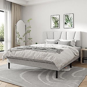 CXVX Queen Size Platform Bed Frame with Geometric Upholstered Headboard, Noise Free, Wooden Slats Support, No Box Spring Needed, Easy Assembly, Light Grey, Linen