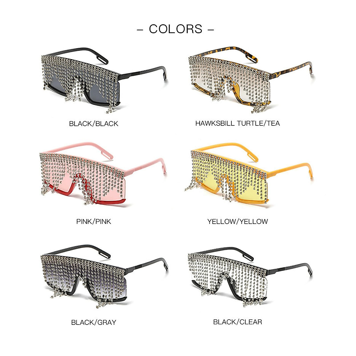 willochra Flat Top tassel Sunglasses Rhinestone Sun Glasses Diamond Party Eyeglasses Shades for Women UV400 (black)