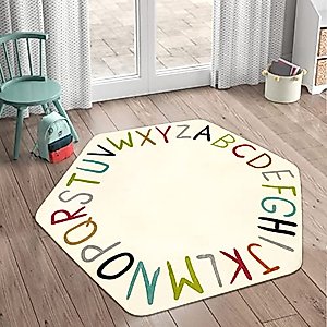 STARUIA Colorful ABC Kids Rug Play Mat for Playroom, 55"x47" Hexagon Washable Nursery Rug for Boys Girls Bedroom, Non-Slip Educational Rainbow Carpet for Classroom Reading Room