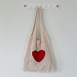 Women Hobo Bag Trendy Star Pattern Knitted Shoulder Bags Mesh Hollow Out Tote Bag Aesthetic Grunge Beach Bag (Apricot)