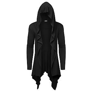 COOFANDY Long Hooded Cardigan Ruffle Shawl Collar Open Front Lightweight Drape Cape Overcoat with Pockets (Black Pattern, M)