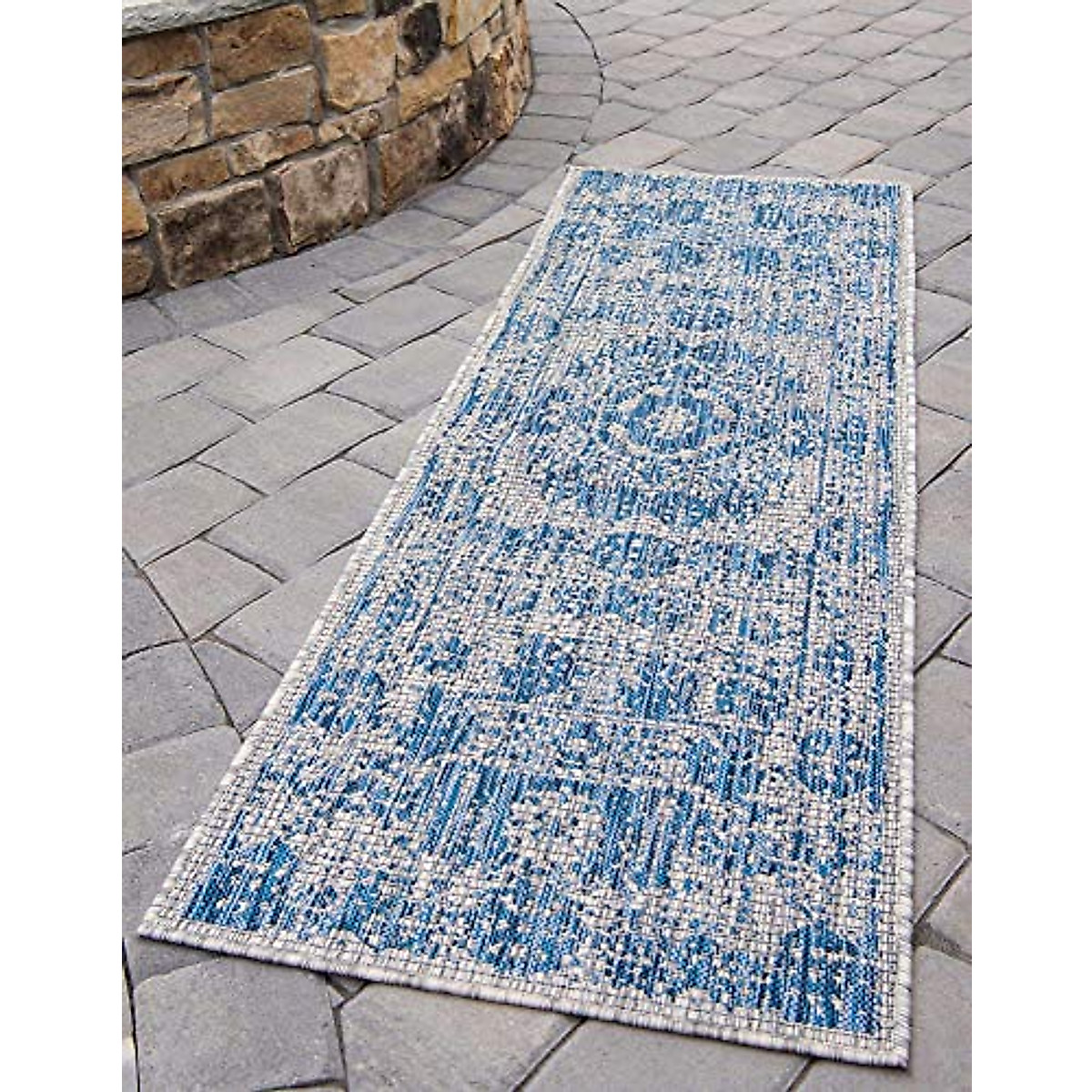 Unique Loom Outdoor Traditional Collection Area Rug - Timeworn (2' x 8' Runner, Blue/ Gray)