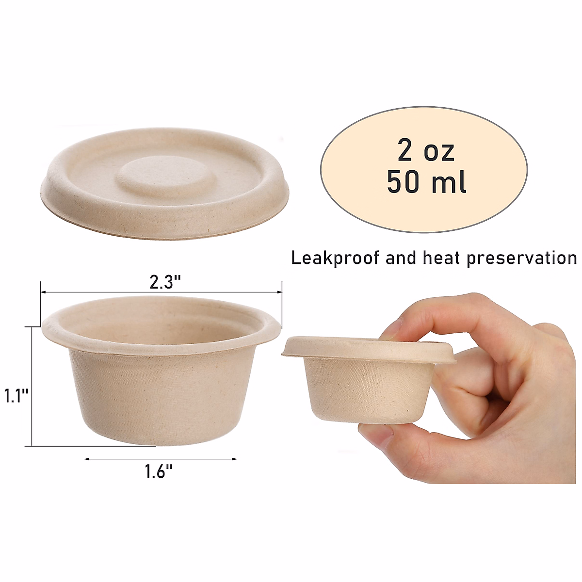 Yesland 200 Pack 2 oz Natural Bagasse Fiber Cups with Lids, Paper Tasting Cups Disposable Sample Food cup, Compostable Sauce Containers for Snack Tasting Charcuterie