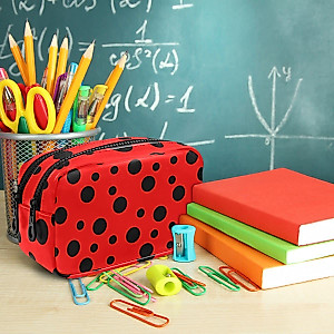 Glaphy Ladybug Polka Dots Red Pencil Case Large Capacity Pencil Pouch Zipper Storage Cosmetic Bag