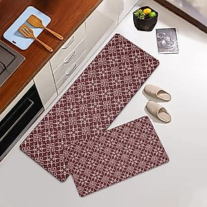 Artnice Anti Fatigue Kitchen Floor Mat Set of 2 PCS, Non Skid Comfort Kitchen Rug, Ergonomic Standing Desk Mat for Home, Office, Sink, Laundry, White Floral Grid Red