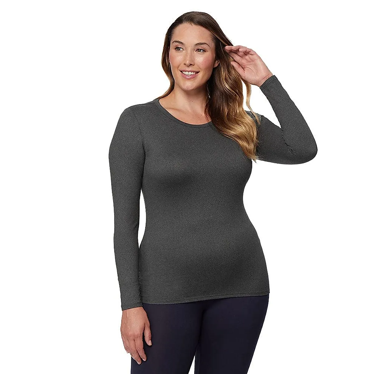 32 Degrees Women's Lightweight Baselayer Crew Top | Long Sleeve | Form Fitting | 4-Way Stretch | Thermal, Charcoal Heather, Medium