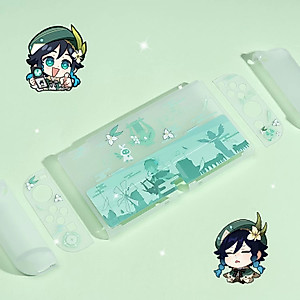 Cute Genshin Impact Venti Case Compatible with Nintendo Switch OLED, Dockable Case Cover, Ergonomic Soft TPU Grip Case for Joycon, Sparkle Skin Set