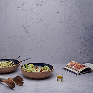 Set of 2 Large Serving Bowls with Salad Servers for Parties or Wooden Bowls for Food, Pasta, Salad, Fruits, 12 inch and 11 inch Wood Bowls, Mango Wood, Blue