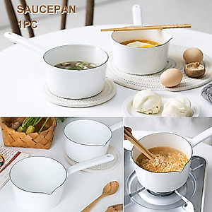 1.2L Saucepan, Enamel Milk Pan, Butter Warmer, Milk Pot, Easy to Cook and Clean, Non-Stick Milk Boiling Pot with Handle for Home Kitchen Restaurant(White)