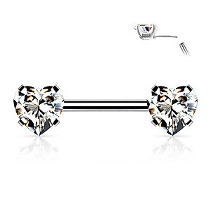 12mm Pair of Surgical Steel Threadless Push in Nipple Barbells with Prong Set Heart CZ - Clear