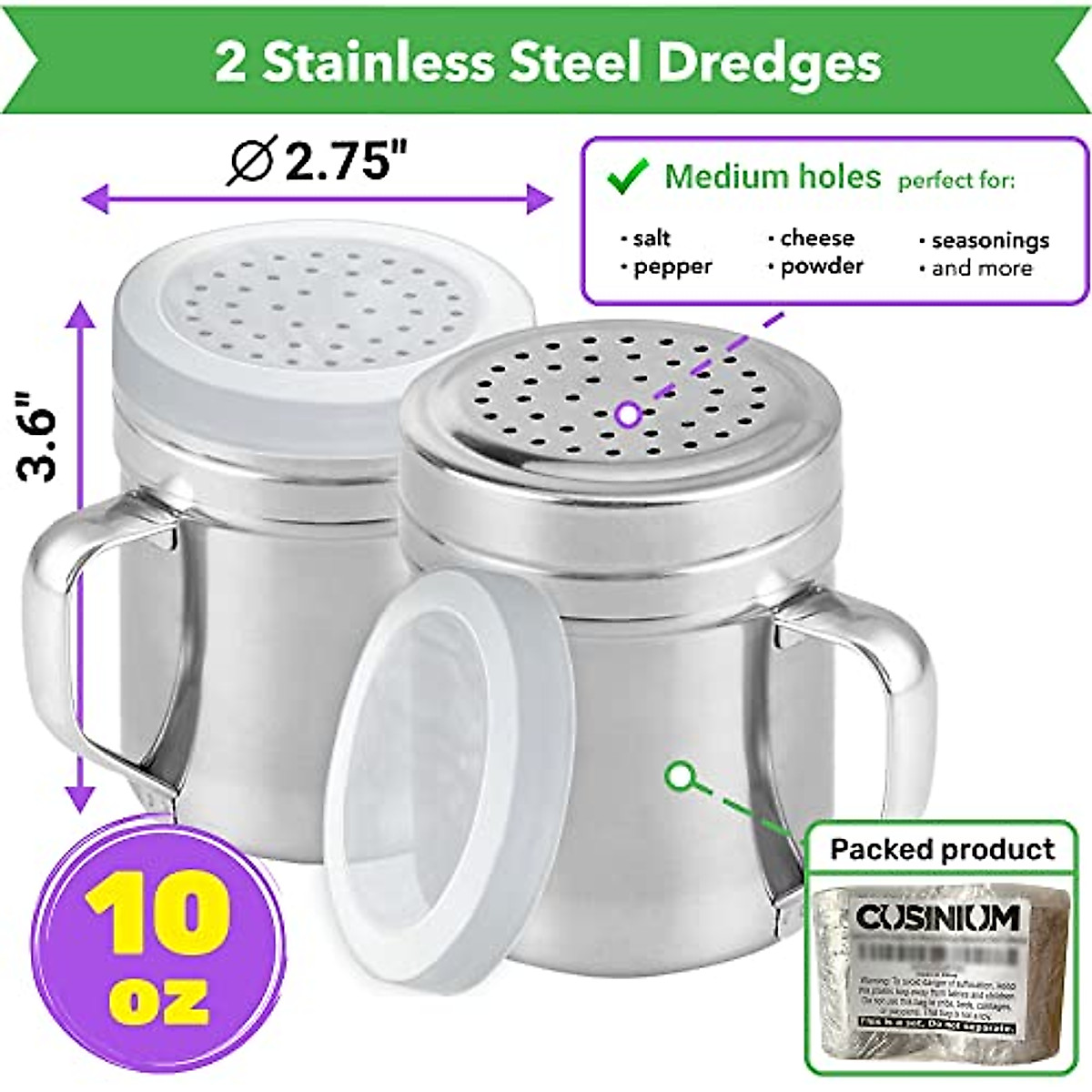 CUSINIUM Metal Salt Pepper Dredge Shakers - With Handle - Seasonings Spice Shakers With Holes and Lids - 10 Ounce, 2pcs