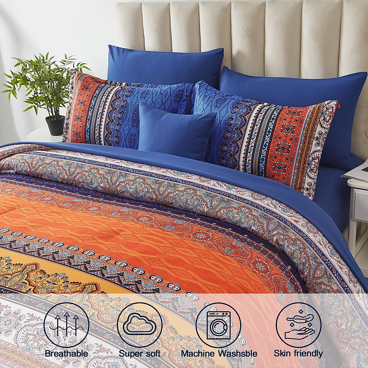 Boho Comforter Set Queen Size 8 Piece Bed in a Bag Burnt Orange Paisley Fall Comforter and Sheet Set Bohemian Striped Bedding Set,Soft Microfiber Complete Bedding Set