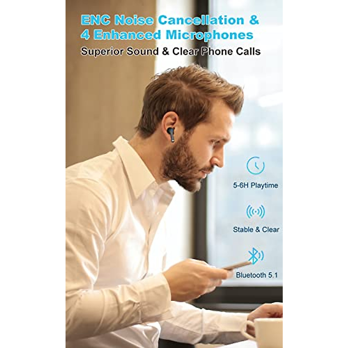 Wireless Earphones, Eranova Bluetooth Earbuds 4 Mics ENC Noise Canceling 30H Playtime IPX6 Waterproof Deep Bass Touch Control USB-C Fast Charge in-Ear Headphones for iPhone Android Sports Black