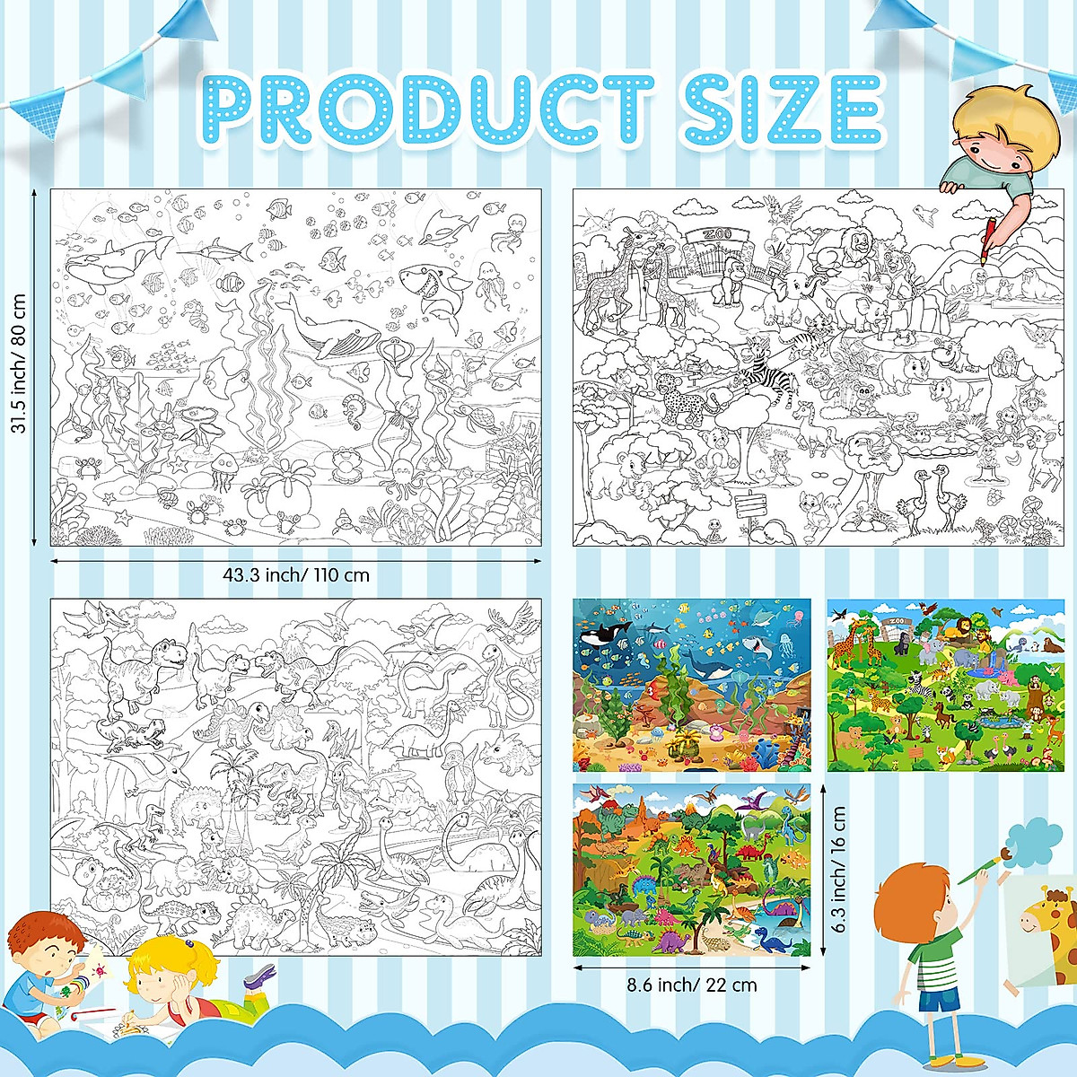 Set of 3 Jumbo Giant Coloring Poster, 45 x 32 Inch Large Table Wall Sheets with Zoo Animal, Ocean Creature, Dinosaur Theme Big Huge 16 Pages Fun Coloring Activities Kids Gift