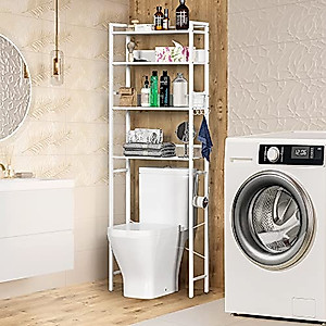 HOME BI Over The Toilet Storage Shelf ，Bathroom Organizer Over The Toilet Storage 4-Tier ，Wooden freestanding Toilet Shelf for Space Storage Toilet with Hooks (White Oak)