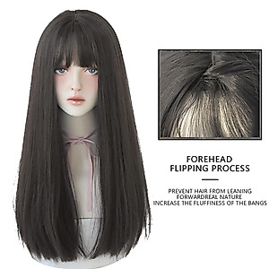 URCGTSA 22 Inches long Hair Wig for Women Black Synthetic Hair Natural Long Straight Wig With Bangs Party Cosplay Wig for Girl (Black brown)