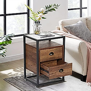 VECELO End Table, Modern Nightstand with Drawer, Night Stand Set of 2 for Bedroom Living Room,Tempered Glass, Brown/2pcs