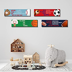 Sport Motivational Quote Wall Art(pack of 4), Basketball Football Baseball Soccer Sport Hanging Wall Prints Plaques, Sport Themed for Boy's Bedroom Playroom Classroom Living Room Decoration