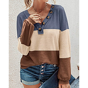 BTFBM Women Long Sleeve Shirts 2024 Fall Fashion V Neck Loose Casual Blouse Deco Button Lightweight Waffle Knit Pullover(Stripe Blue, Medium)