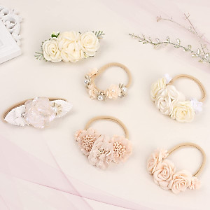 CN Baby Girls Floral Headbands Nylon Flowers Crown Hair Bow Elastic Bands For Newborn Infant Toddlers Kids Pack (white C)