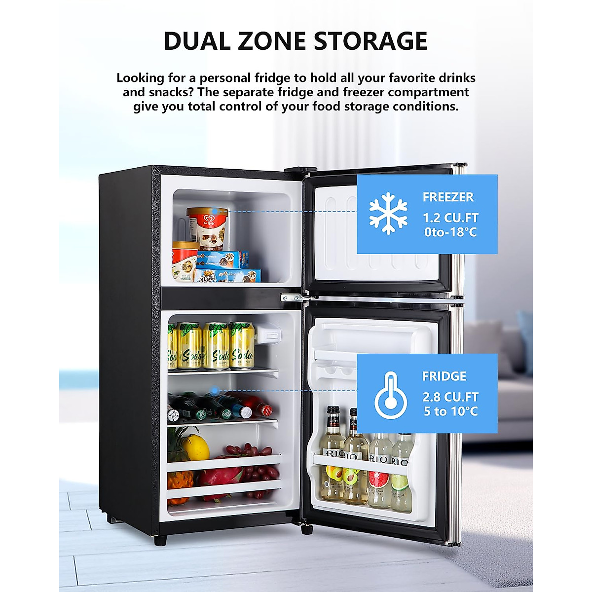 Iorbur FLS-90-SILVER 4.0Cu.Ft Compact, Small Refrigerator with Freezer, Retro Fridge with Dual Door, 7 Level Adjustable Thermostat for Garage, Dorm,Bedroom, Office, Silver