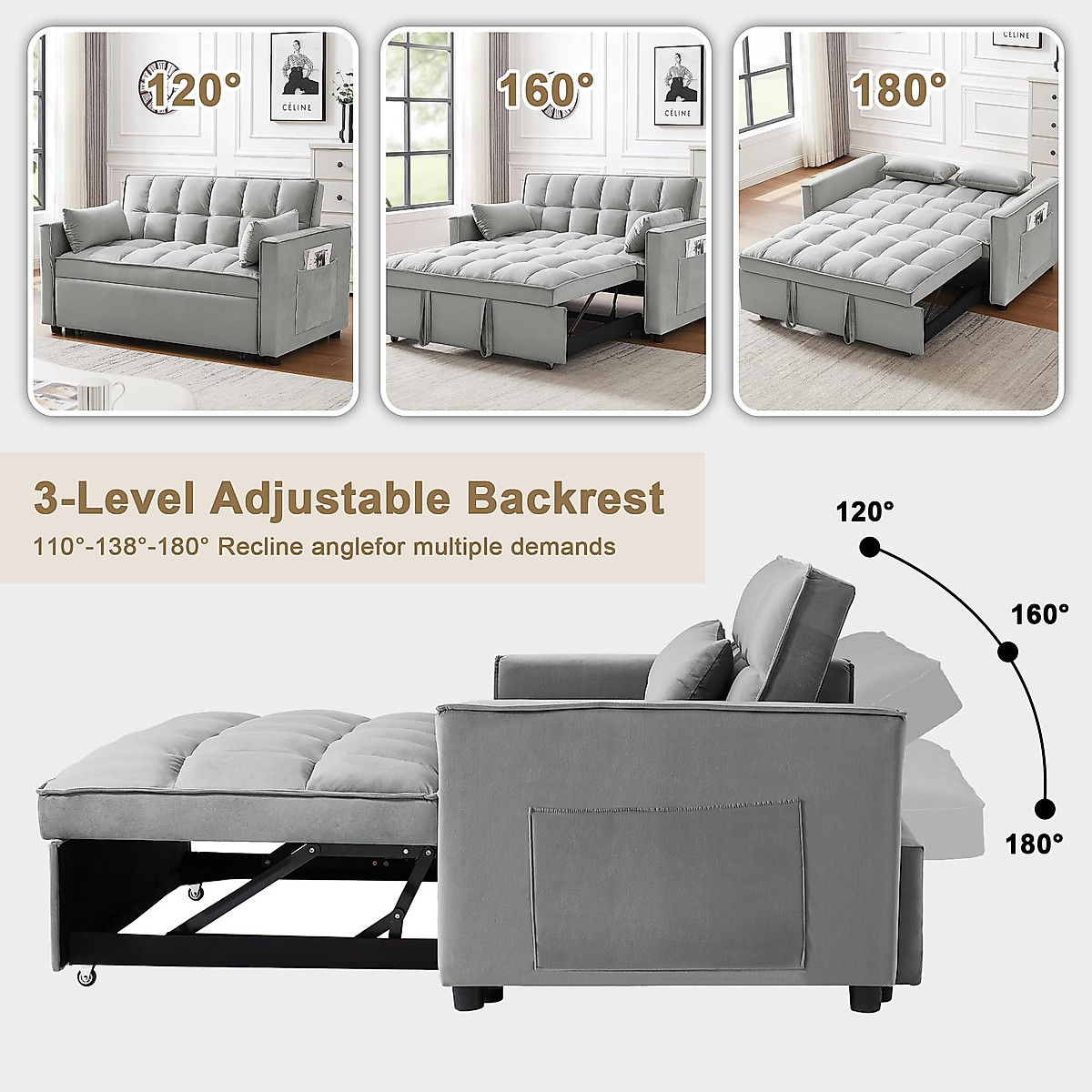 SumKea Pull Out Couch Bed Sleeper Sofa, Velvet 3-in-1 loveseat Sofa Bed with Pull-Out Bed, Two Throw Pillows, Grey