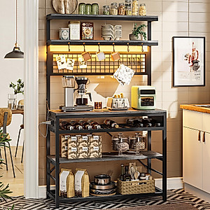 Itaar Bakers Rack with Power Outlet, 6-Tier Coffee Bar, Microwave Stand with Wine Rack, LED Lights and 10 Hooks, Bakers Racks for Kitchens with Storage, Grey