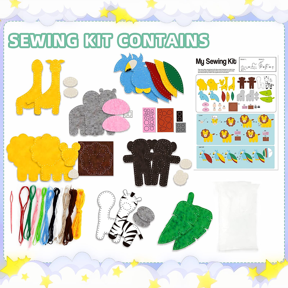 noonimum Craft Sewing Kit for Teens, Learn to Make Your Own Woodland Felt Animals First Sew Kit Beginner DIY Arts Set, Plush Craft Easy Sewing Stuffed Animals for Kids Girls Boys, Set of 7