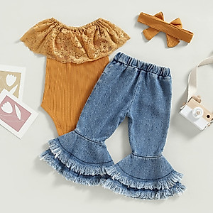 LIOMENGZI Newborn Baby Girl Flare Outfits Clothes Summer Jumpsuit Set, Short Sleeve Patchwork Romper Flare Pants Bow Headband